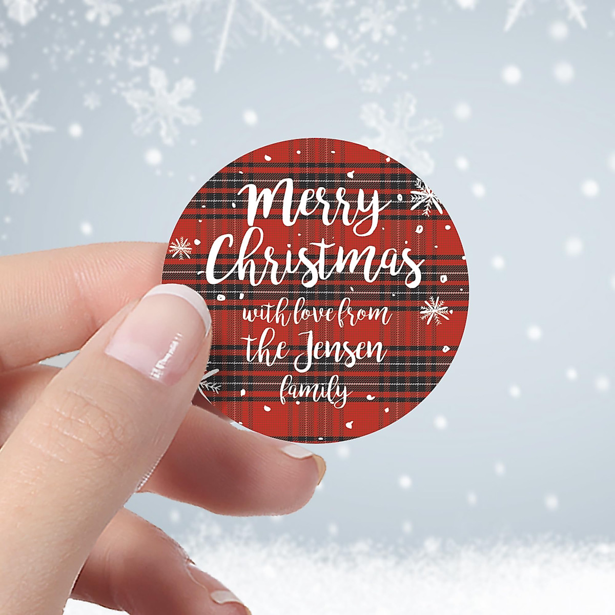 Personalized Plaid Merry Christmas Round Labels - 40 Stickers - Red and Black Peel and Stick Custom Gift Wrap Tags – Sellf Adhesive Christmas Plaid Stickers