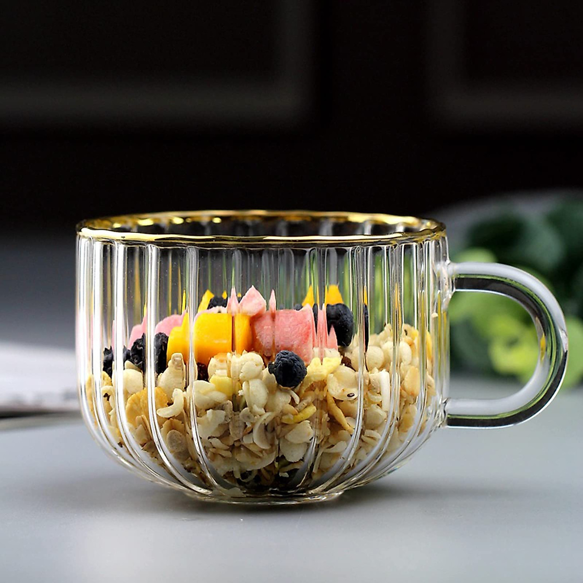 amokk Clear Glass Mugs Tea Cup and Saucer with Spoon for Coffee, Milk, Tea 15 Oz