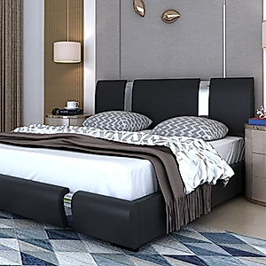 Benevika Bed Frame Queen Size with Adjustable Headboard, Modern Low Profile Platform Bed with Faux Leather,Mattress Foundation with Solid Wooden Slats Support,No Box Spring Needed,Black