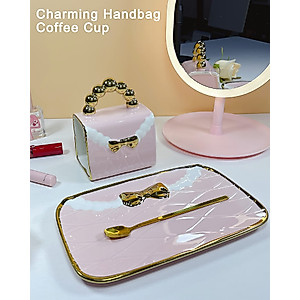 SISETOP Handbag Shaped Mug and Saucer, 10.5 OZ Purse Coffee Mug Set, Handmade Cute Mugs with Spoon & Pearl Beaded Handle, Porcelain Coffee Cups for Women, Girls, Birthday, Christmas, Gift, Pink