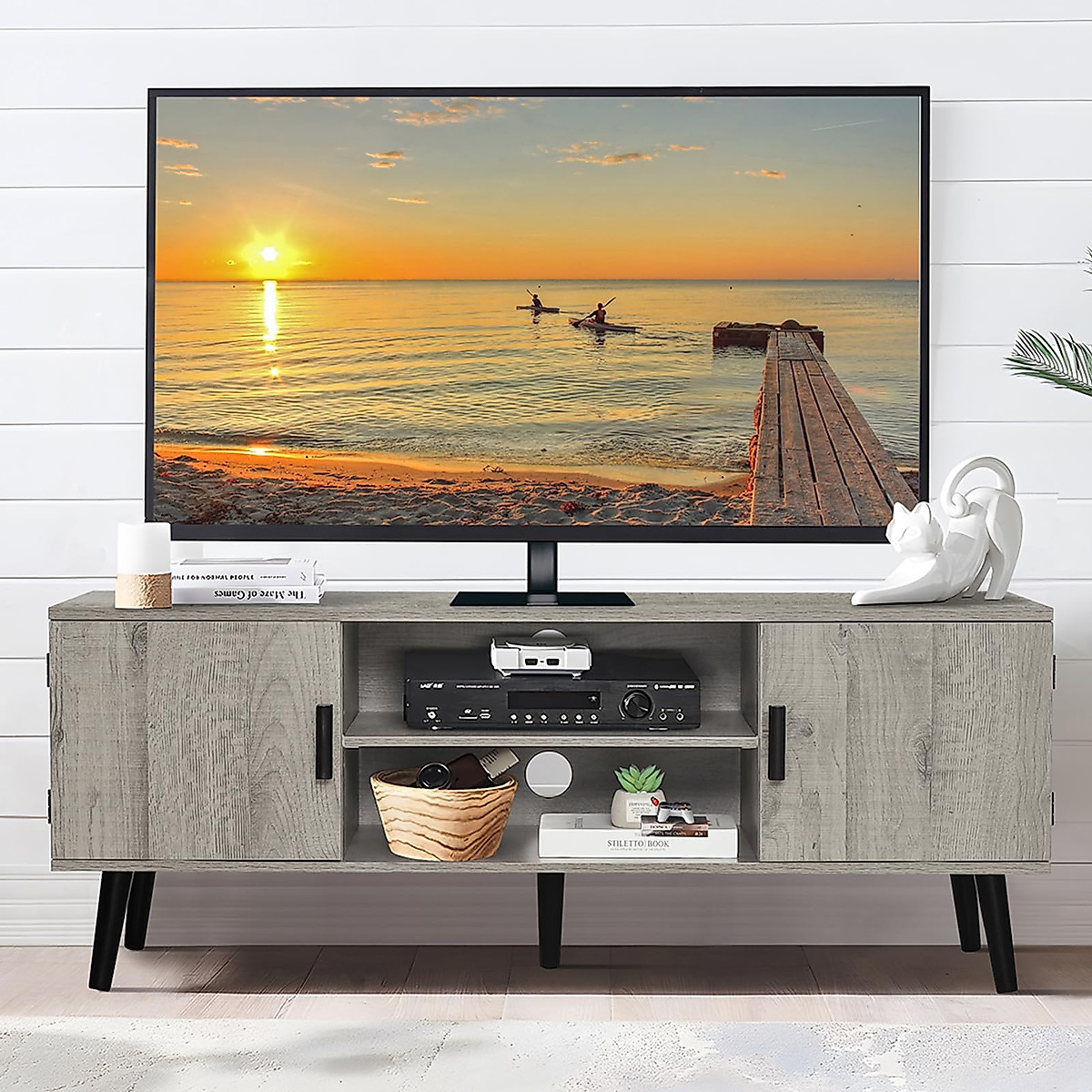 Iwell TV Stand for 55 inch TV, Entertainment Center with Storage and Open Shelf, TV Console, TV Stands for Living Room, Bedroom, Grey
