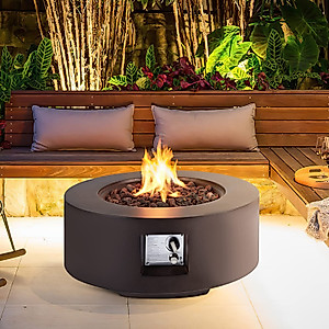 ECOTOUGE 2-Piece Outdoor Propane Firepit Table Set with Tank Table, 30 Inch Auto-Ignition Round Gas Fire Pit, 50,000 BTU Steel Fire Table w/Weather-Resistant Pit Cover, Lava Rocks, Brown