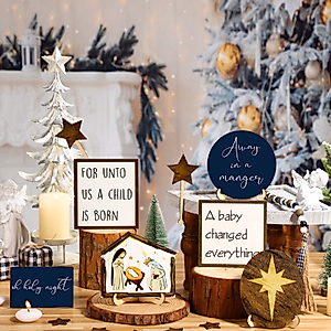 Bucherry 1 Sets Christmas Christian Jesus Nativity Tiered Tray Decor Farmhouse Nativity Decor Angels Mangers Jesus' Birth Wooden Christian Decor for Home Table Mantel