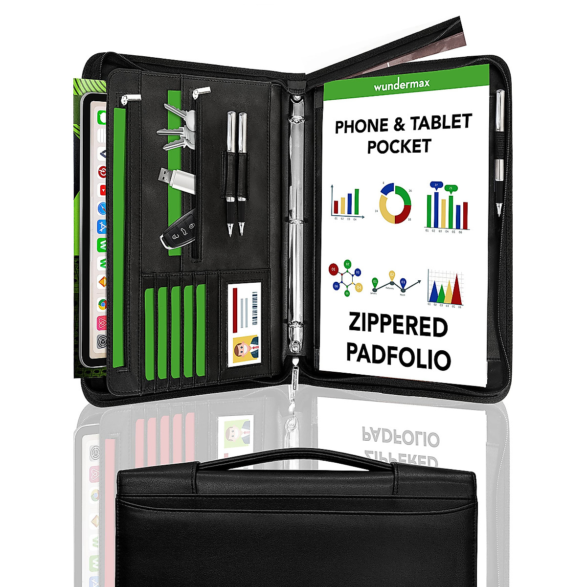 Wundermax Portfolio Binder - 13 x 10.7 x 1.9 Inch, Vegan Leather, 3-Ring Padfolio for Women and Men w/Handle, Zipper, Notepad, Detachable Binder and Pockets for Tablet, Resume and Documents - Black