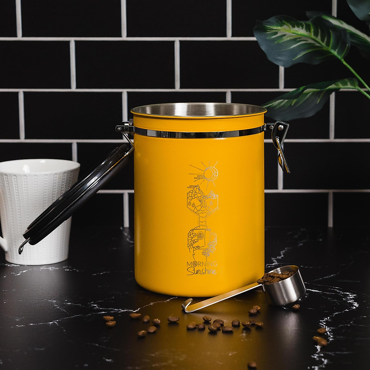 CafetastiQ 38oz / 22oz Coffee Canister – Airtight Stainless Steel Storage Container with Date Tracker & Scoop, Sealed Jar for Grounds, Beans, Tea, Flour, Cereal, and Sugar (Yellow Morning, 38OZ)