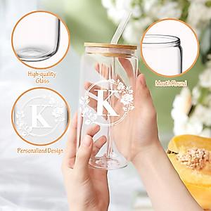 Birthday Gifts for Women, Monogrammed Initial Glass Cup Personalized Gifts for Women, 16oz Glass Cups with Lids and Straws, Iced Coffee Cup, Beer Can Shaped Glass - Personalized Christmas Gifts K