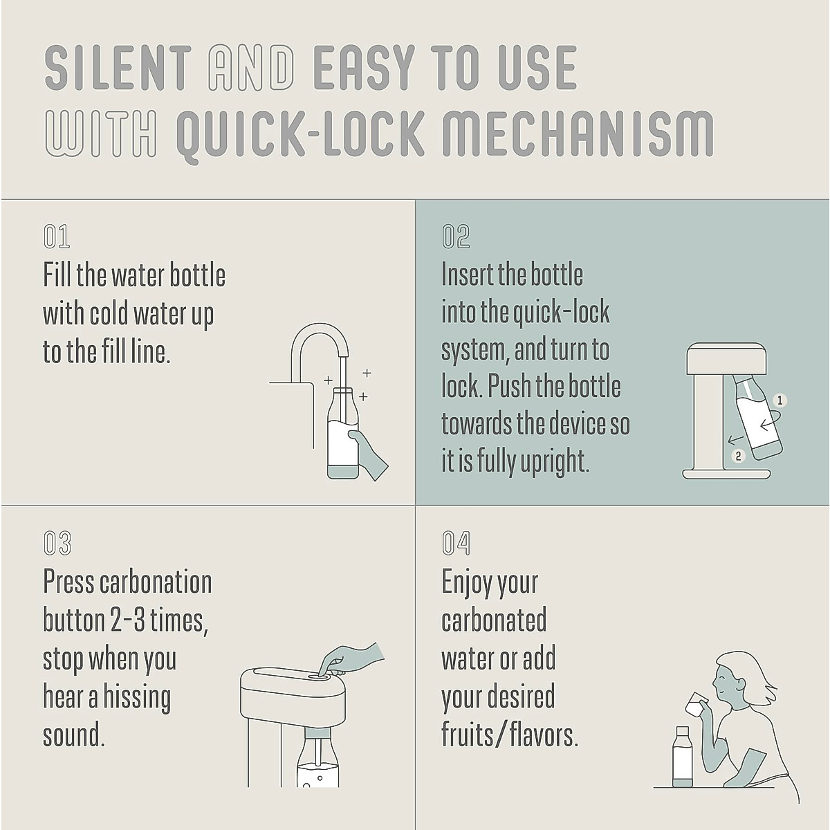 Mysoda Ruby 2 Sparkling Water Maker - Silent Carbonated Water Machine Made of Robust Long-Lasting Aluminium & 1L Water Bottle - Without CO2 Cylinder - Colour White