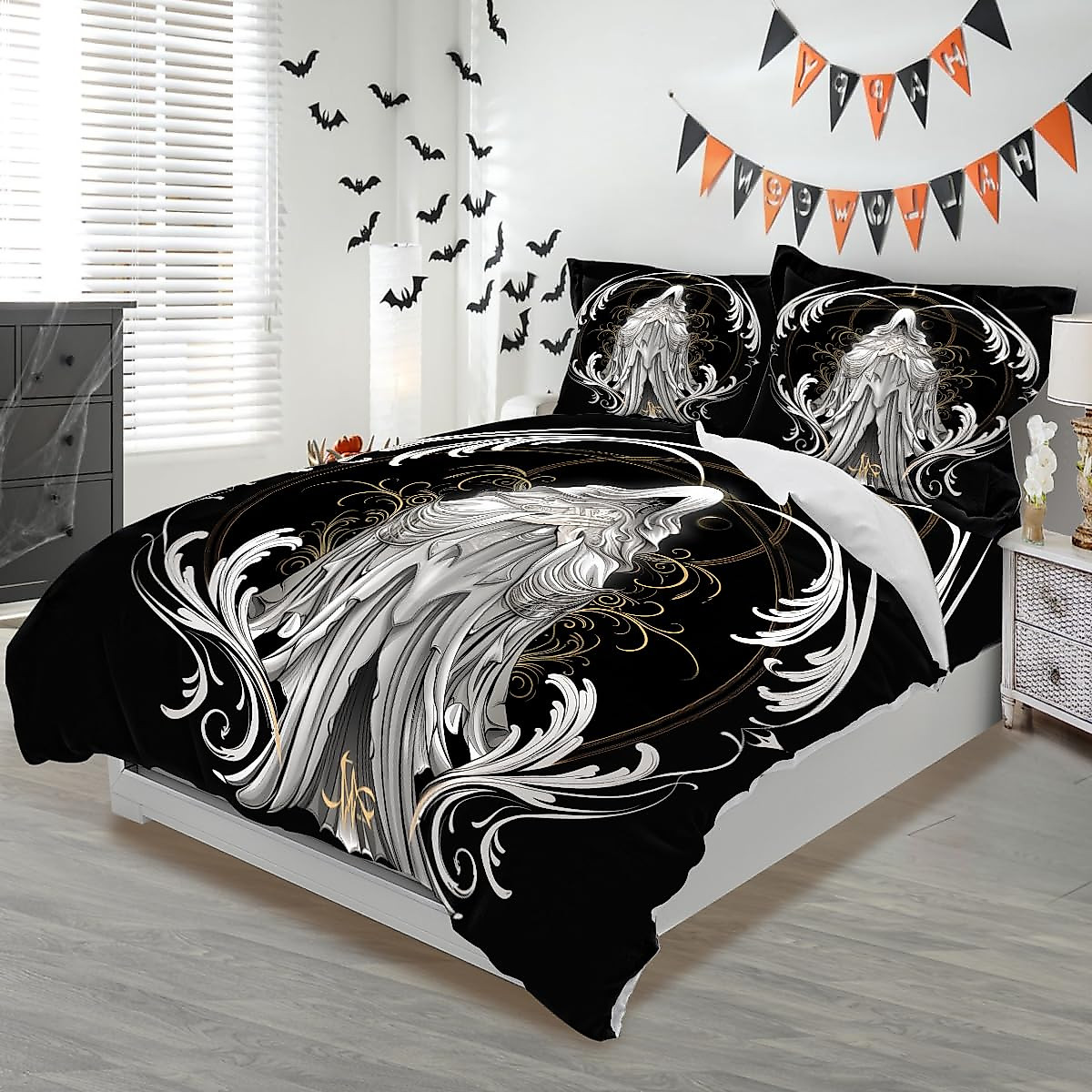 DiuuDi White Ghost Duvet Cover Twin Size 3D Printed Black Duvet Cover Set Hands Together Golden Decoration Bedding Set Home Decoration Comforter Cover Cozy Quilt Cover with 2 Pillowcases