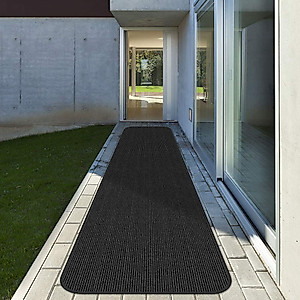 House, Home and More Indoor Outdoor Double-Ribbed Carpet Runner with Skid-Resistant Rubber Backing - Smokey Black - 4 Feet x 15 Feet