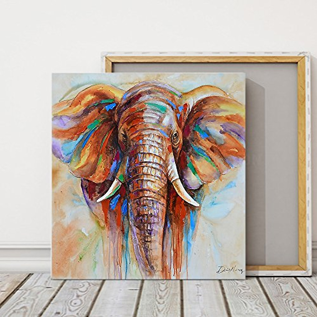 Pinetree Art Vibrant Wall Art Elephant Artwork Unique Elephant Painting on Canvas for Living Room (24 x 24 inch, B)
