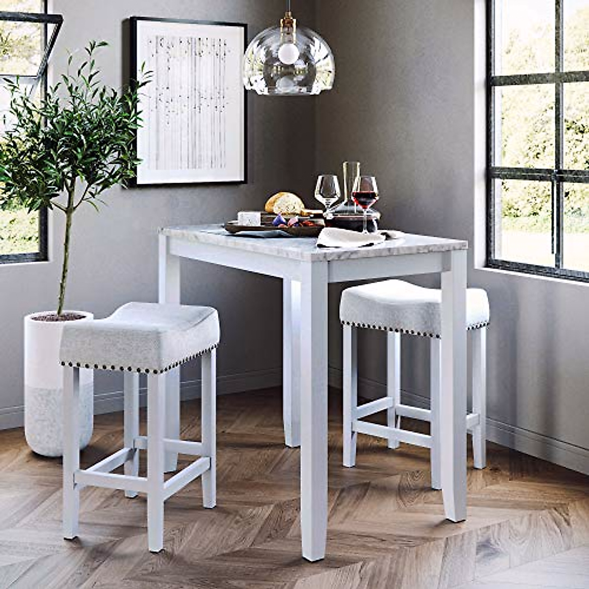 Nathan James Viktor 3 Piece Dining Set, Heigh Kitchen Counter Pub or Breakfast Table with Marble Top and Fabric Wood Base Seat, Light Gray/White
