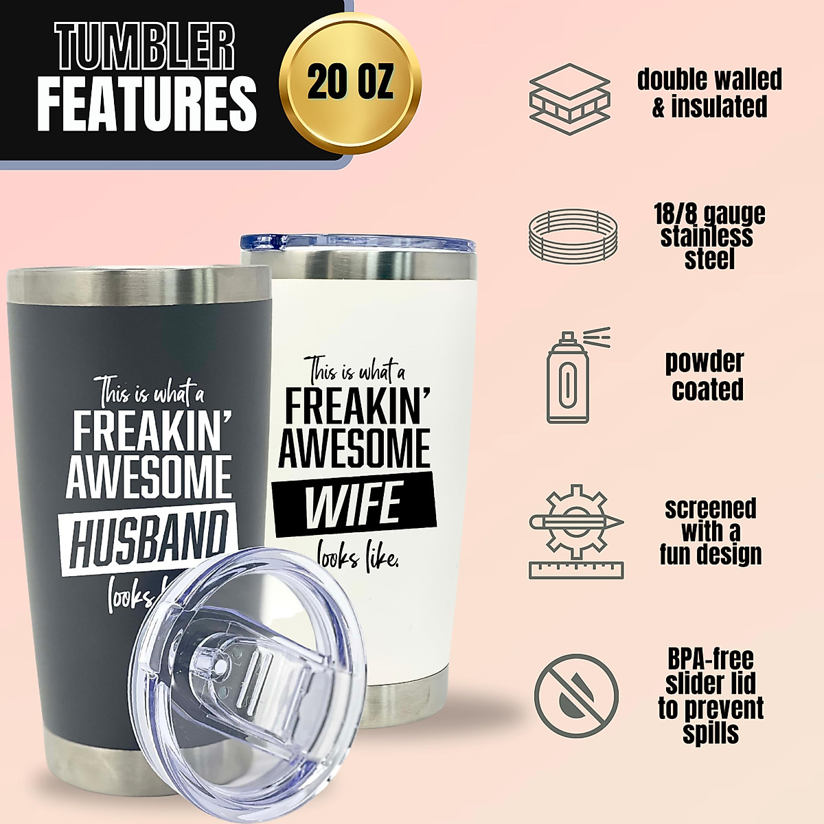 Brooke & Jess Designs Funny Tumbler Gift Set for Husband and Wife - Awesome Wife Cup Husband Tumbler Coffee Mug - Great Travel Cup Gifts for Husbands and Wives, Birthday Presents for Her, Him