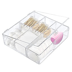MYITYARD Qtip Holder, 6 Compartments Cotton Ball and Swab and Pad Dispenser with Lid, Clear Plastic Q-tip Storage Organizer for Bathroom Vanity Bedroom Dressing Countertop