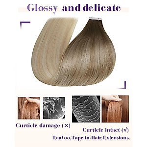 LaaVoo Tape in Hair Extensions Balayage Brown to Ash Blonde with Platinum Blonde Hair Extensions Tape in Human Hair Blonde Ombre Tape in Hair Extensions Human Hair for Women Seamless 12inch 30g 20pcs