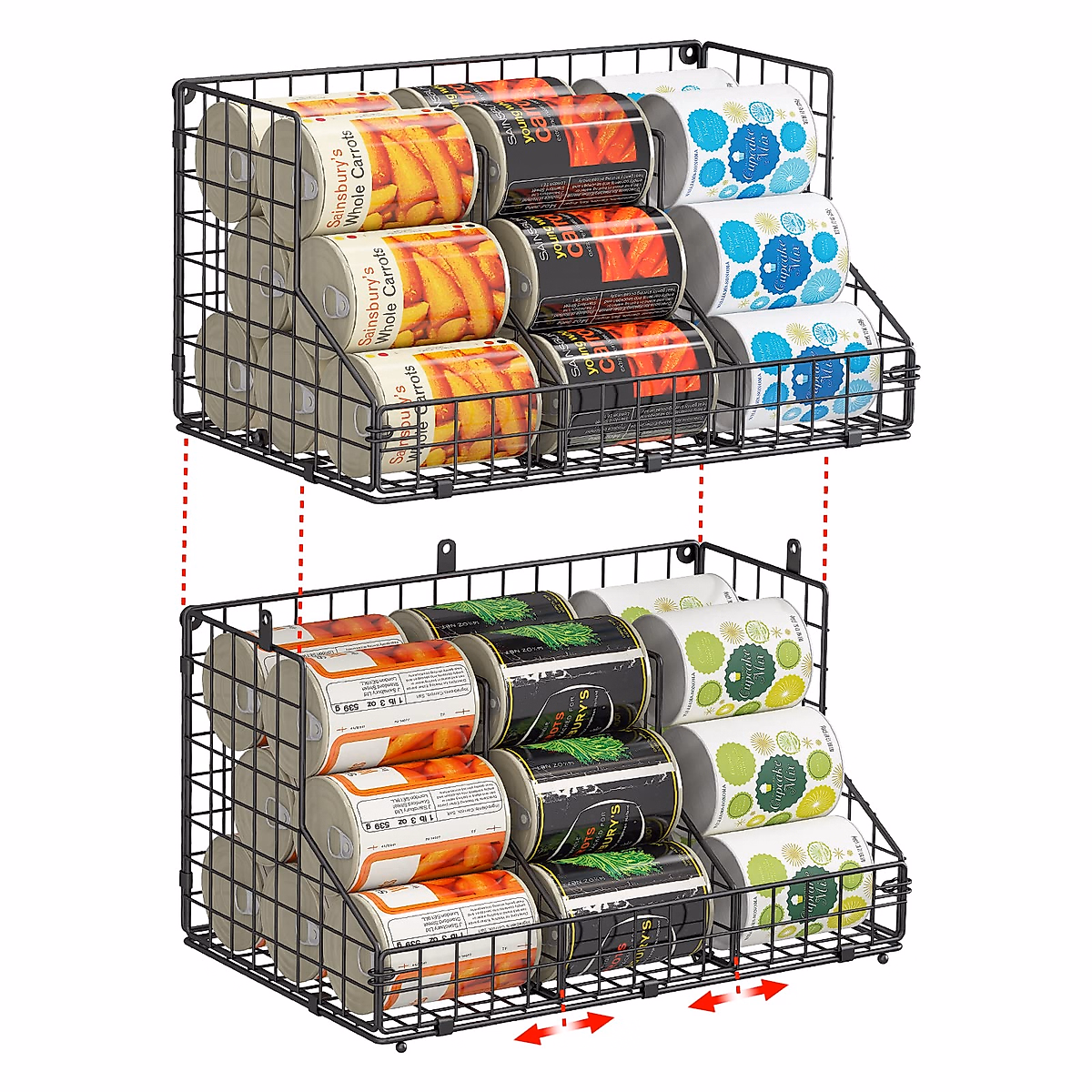 JKsmart Stackable Can Rack Organizer for Pantry Storage,Can Dispensers with 4 Adjustable Dividers, 2-Tier Metal Wire Basket Beverage Pop Soda Rack for Kitchen Cabinet Pantry, Black