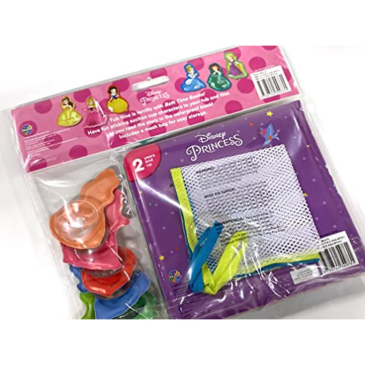 Disney Princess Bath Time Books - Activity Books for kids, Bath book, 6 Padded suction cups, 1 Mesh bag