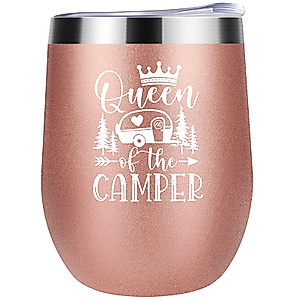 Hopedoit Camping Gifts Wine Tumbler 12OZ, Camping Gifts for Women, Camper Gifts, Gifts for Campers, Queen of The Camper, Gifts for RV Campers, Camping Gifts for Camper, Cool Gifts for Camping Lovers
