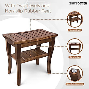 Slimry Design Teak Shower Bench - Solid and Water -Resistant Teak Bench with Storage Shelf Easy to Use Bath Stool with Non-Slip Pads -Assembly Required (Small)