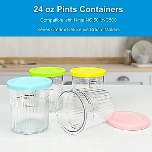 CUTIECLUB 4 Ice Cream Pint Containers 24oz and Lids for Ninja Creami NC500 NC501 Series Deluxe ice Cream Makers, and 12 Pack 5 oz Square Clear Plastic Dessert Cups with Spoons Set
