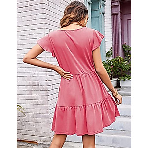 HOTOUCH Womens Summer Casual with Smocked Sexy V Neck A Line Swing Mini Dress Watermelon Pink, Medium