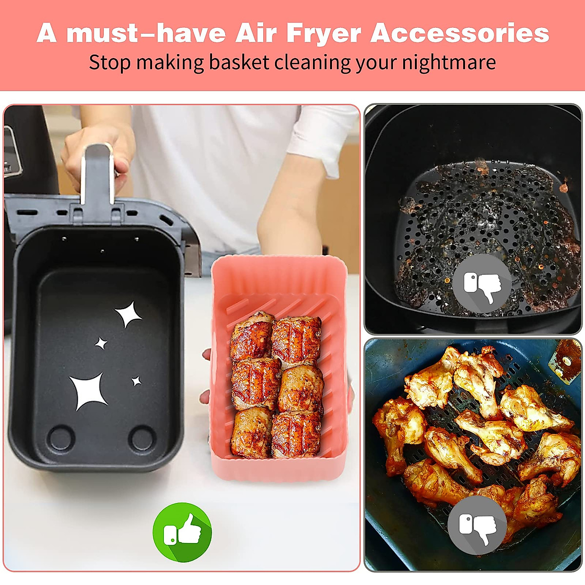 OUTXE 2-Pack Square Silicone Air Fryer Liners 8 inch for 4 to 7 QT, OUTXE 2-Pack Dual Air fryer Silicone Liners for 8 to 10 QT Ninja DZ201/ DZ401