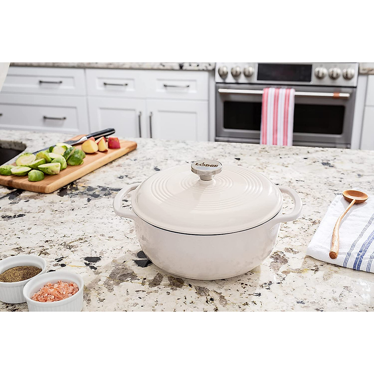 Lodge Enameled Cast Iron Dutch Oven, 7.5 Quart, Oyster & Enameled Cast Iron and Stoneware Care Kit, 12 oz