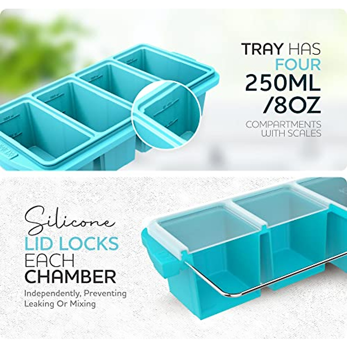 Large Ice Cube Freezing Tray - Soup Freezing Tray with Airtight Transparent Lid - 4Individual Compartments With Portion Scales - Storage For Broth, Sauces & Liquid Meal Prep - Oven & Dishwasher-Safe