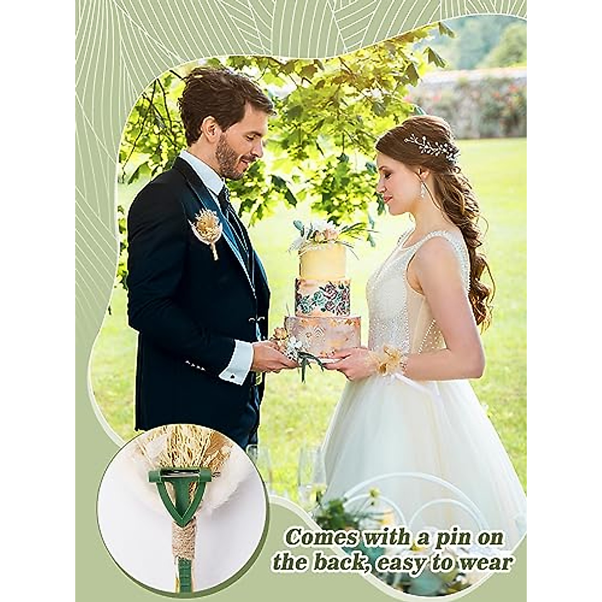 Wrist Corsage and Boutonniere Set, Boho Pampas Bouquet for Wedding Men Women Groom Bride Prom Anniversary Flowers Decoration (2 Pcs)