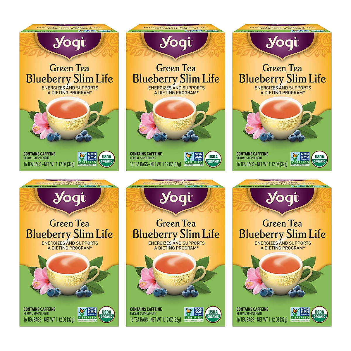 Yogi Tea - Green Tea Blueberry Slim Life (6 Pack) - Contains Caffeine - 96 Organic Tea Bags