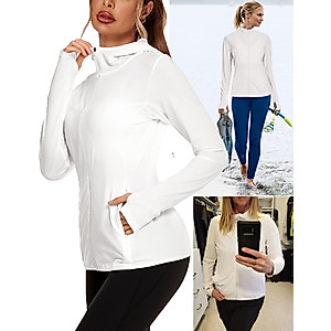 COOrun Women's UPF 50+ Sun Protection Hoodie Jacket Lightweight Full Zip Running Jacket Athletic Jacket with Thumb Holes White XL