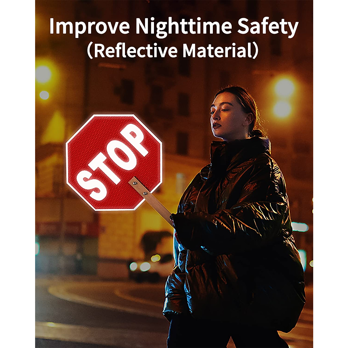 Stop Slow Sign, Double Sided Street Slow Warning Reflective Signs, 13x13in Octagon Rust Free Aluminum, with Bamboo Handle, UV Protected and Waterproof, Weather Resistant, Durable Ink, Easy to Mount