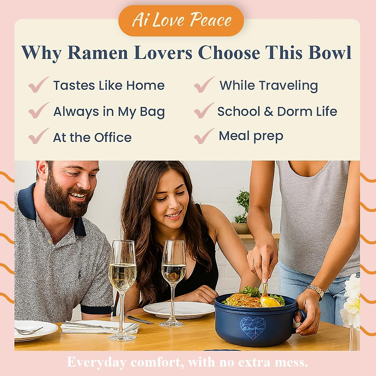 AI LOVE PEACE Microwave Ramen Bowl Set Noodle Bowls With Lid Speedy Ramen Cooker In Minutes BPA Free and Dishwasher Safe For Office College Dorm Room Instant Cooking (Pink)