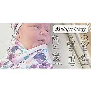 Terriboo Newborn Floral Print Blanket Baby Stretch Wrap Swaddle Blanket Receiving Blanket with Matching Headband and Beanie