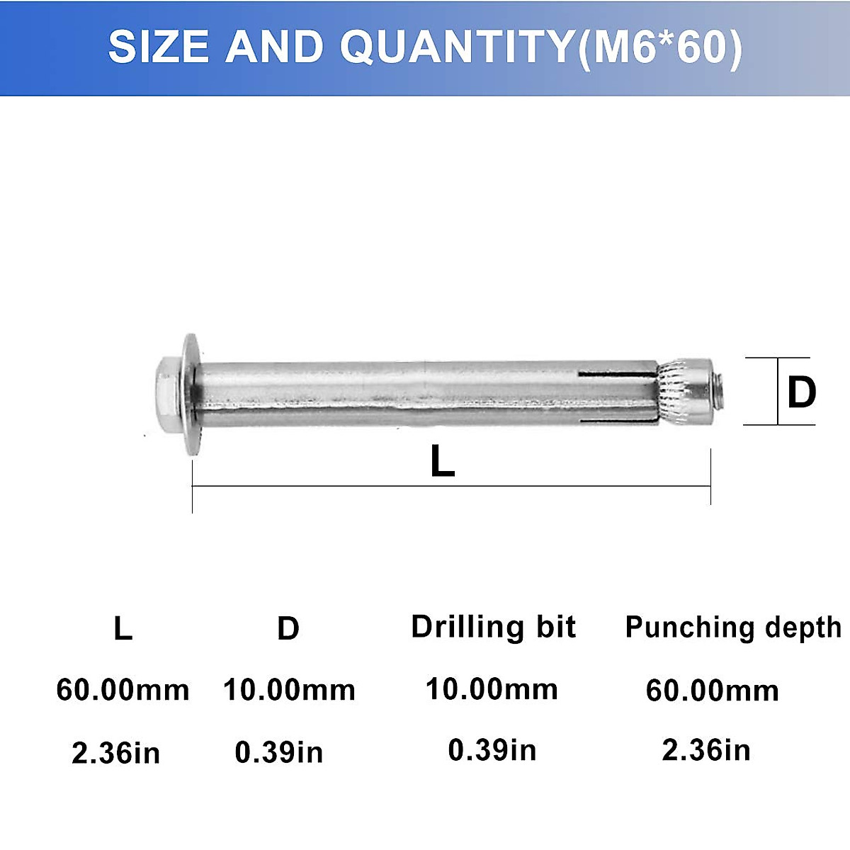Hex Expansion Bolt Hex Head Nut Sleeve Expansion Screw 304 Stainless Steel External Furniture Bolts, Expanding Shield Anchor Screws Bolts Fastener M6x60mm 5 Pack