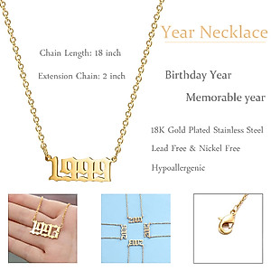 Glimmerst Birthday Year Necklace, 18K Gold Plated Stainless Steel Birth Year Number Pendant Necklace Memorable Anniversary Jewelry for Women