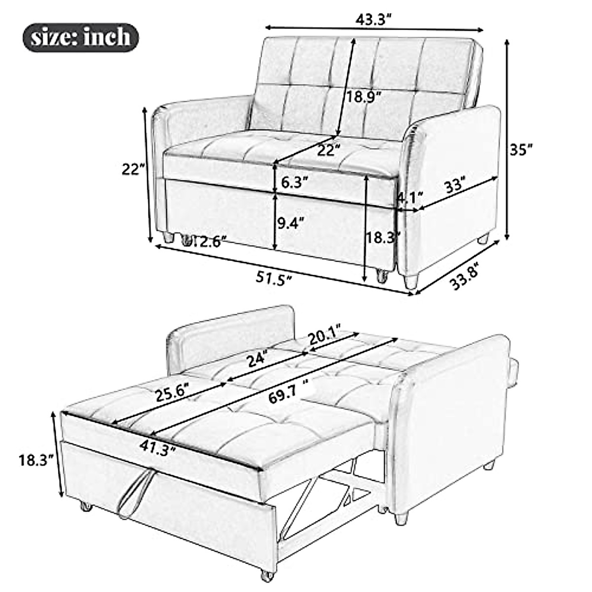 Gynsseh Sleeper Loveseat Pull Out Bed, 3-in-1 Convertible Sleeper Sofa Bed with Dual USB Ports, Faux Leather Adjustable Pull Out Loveseat Sleeper for Living Room Bedroom S2-brown