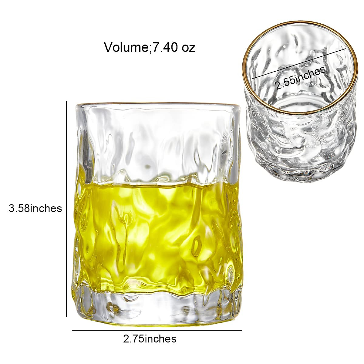 HALOYIVGO Whiskey Glasses Set of 2,Gold Bande Rims 7.4 oz Crystal Drinking Glasses,for Bourbon,Scotch,Cocktails,Cognac,Tequila,Irish,Brandy Rye Gift for Men Women at Home Bar