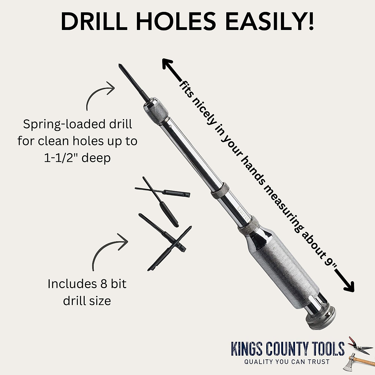 Kings County Tools Classic Yankee Style Push Drill | 8 Double Fluted Bits Included | Chrome Plated Solid Brass Material | No Chuck Necessary | Ideal for Tight Areas