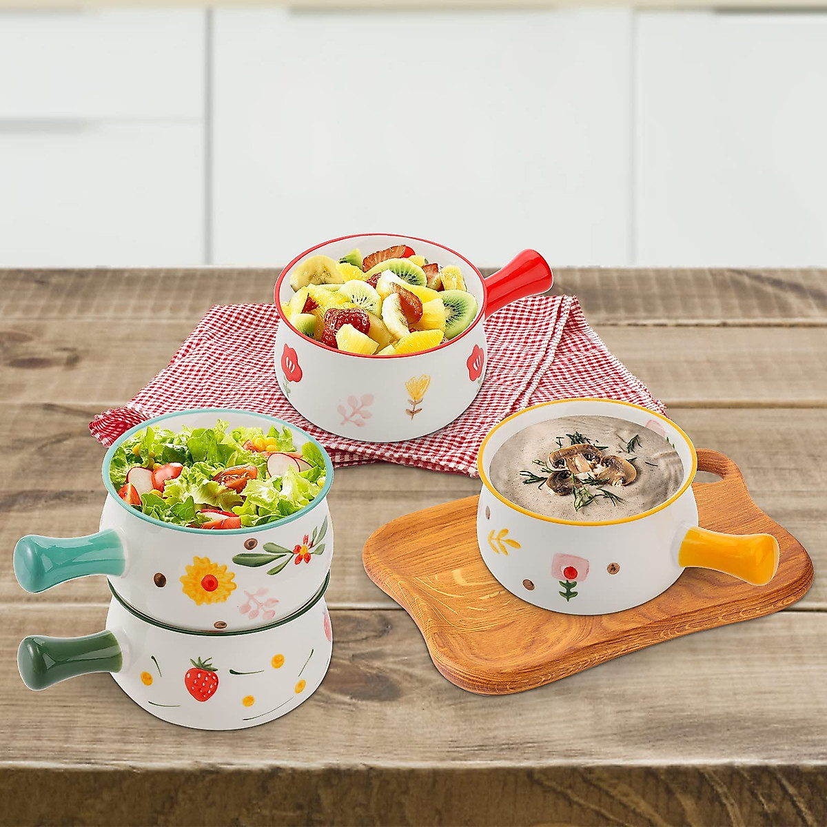 Okllen 4 Pack French Onion Soup Bowls with Handles, 20 Oz Porcelain Soup Crocks Stackable Bakeware Serving Bowls for Cereal, Chili, Beef Stew, Oatmeal, Microwave and Oven Safe, 4 Styles