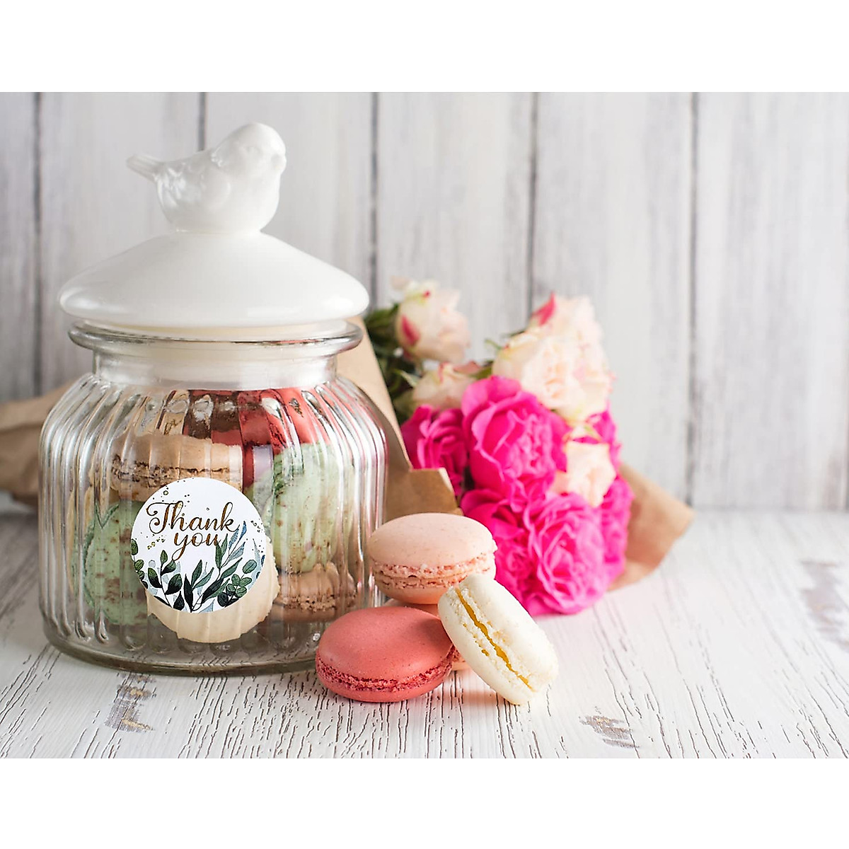 Louise Maelys 1.5 Inch Thank You Stickers for Wedding, Birthday, Bridal, Shower, Packaging, Small Business, Envelope, Gifts, 500pcs Per Roll Round Green Plant Thank You Label Sealing Stickers