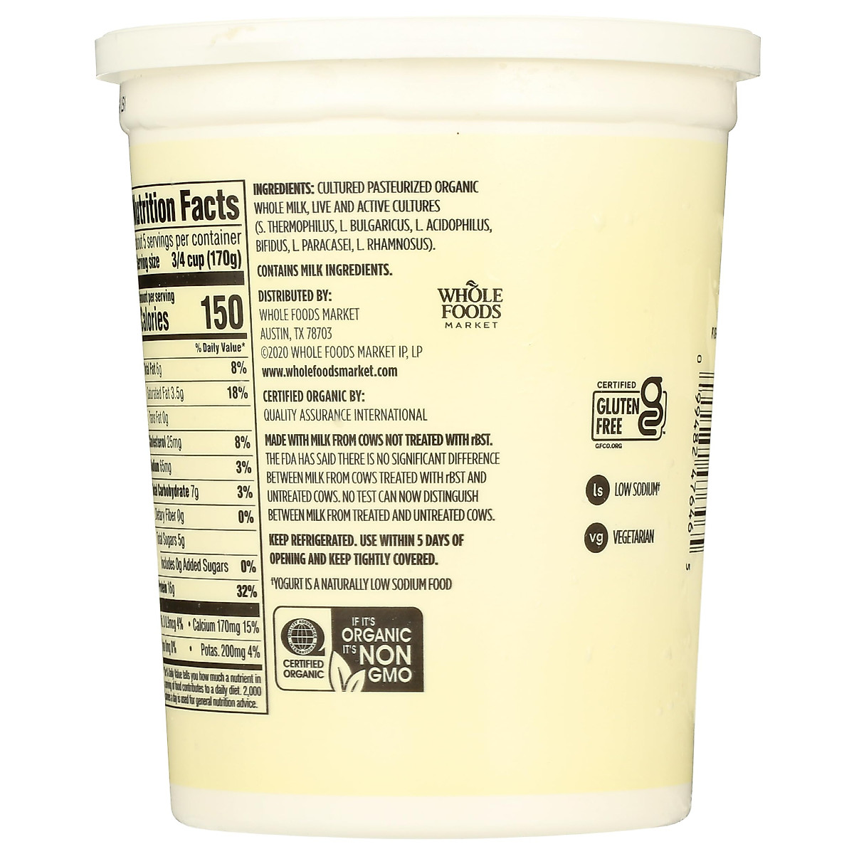 365 by Whole Foods Market, Yogurt Greek Plain Whole Milk Organic, 32 Ounce