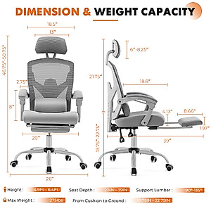 Sweetcrispy Office Computer Desk Chair, Ergonomic High-Back Mesh Rolling Work Swivel Chairs with Wheels, Comfortable Lumbar Support, Comfy Arms for Home, Bedroom, Study, Student, Grey