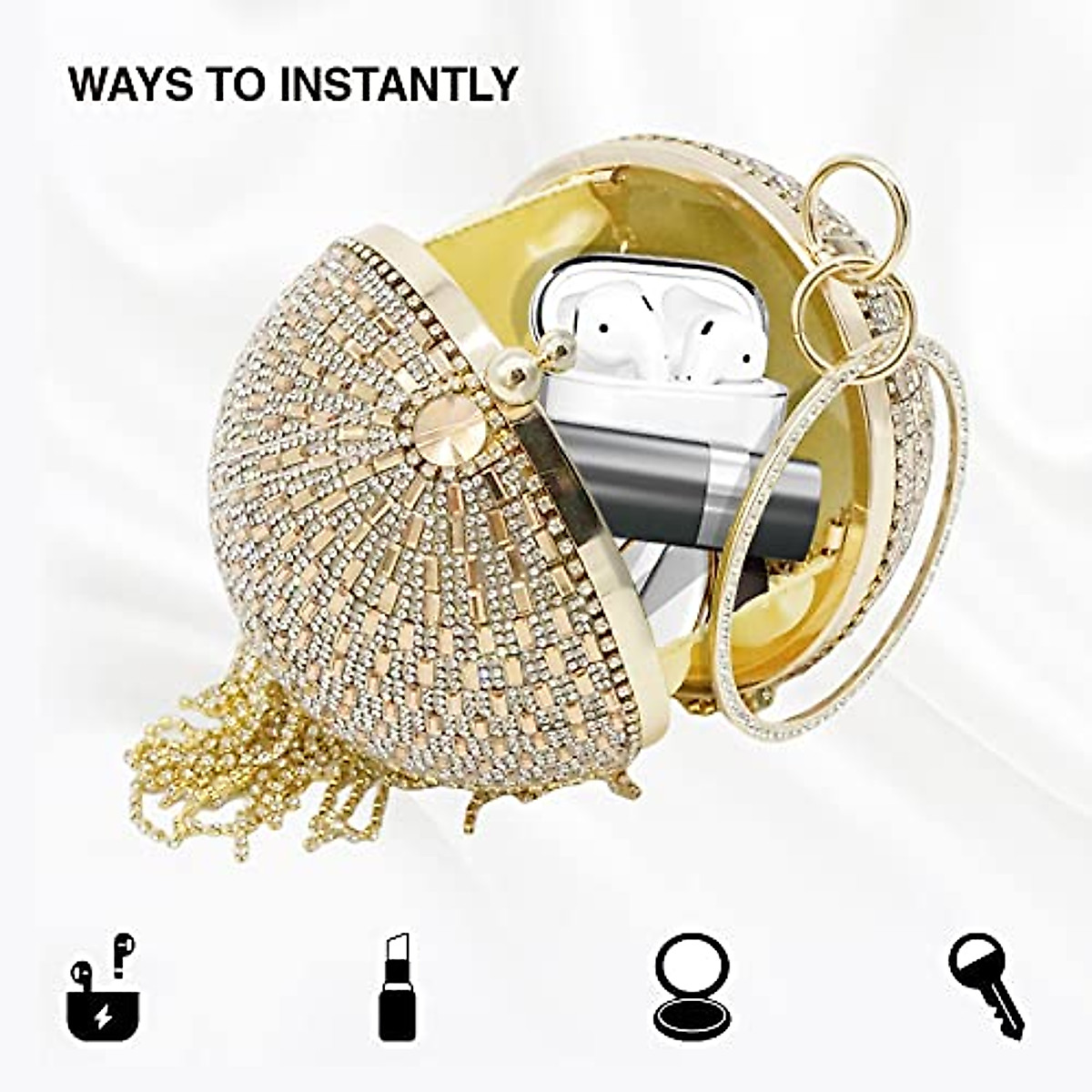 Olixi Women Evening Handbag, Round Ball Luxury Crystal Tassel Clutch Purse Rhinestone Hand bag for Wedding Party