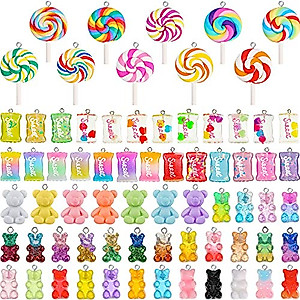 Hicarer 70 Pieces Colorful Candy Pendant Charm for Jewelry Making Cute Gummy Candy Bear Lollipops Pendant Charms Polymer Clay Resin Charms for DIY Keychain Necklace Bracelet Earring Craft