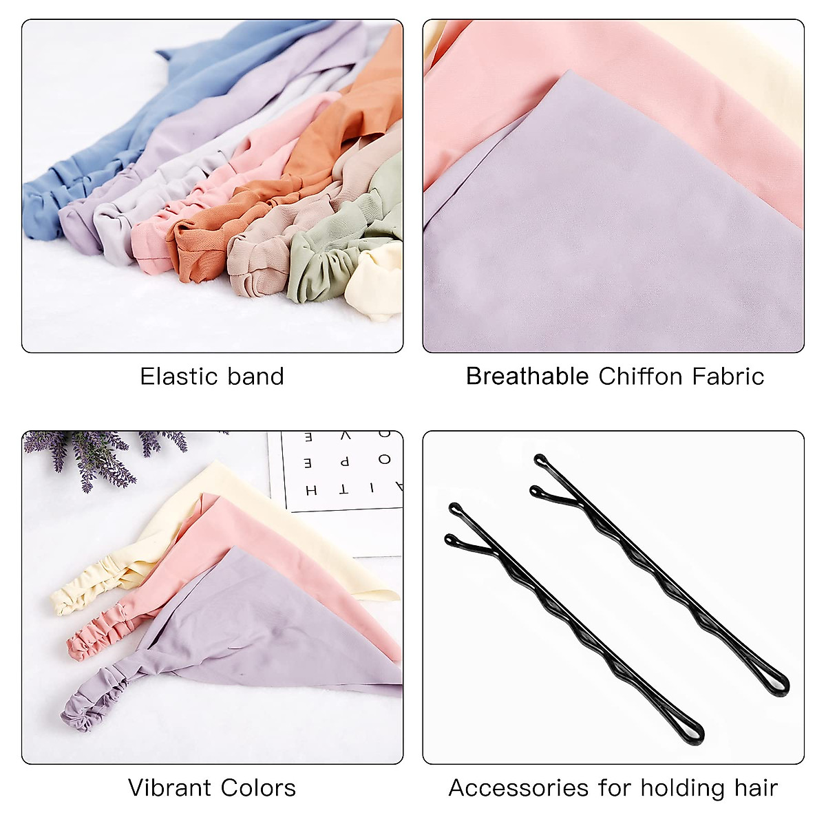 Tobeffect 8 Pack Hair Scarves Headband Elastic Boho Bandanas Scarf, Chiffon Head Kerchief with Hair Pins for Women Girls Farmhouse Hair Accessories, Solid Color