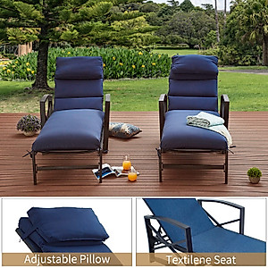 PatioFestival Patio Chaise Lounge Set of 4 Outdoor Adjustable Back Cushioned Chairs All Weather Steel Frame Lounger with Blue Pillow