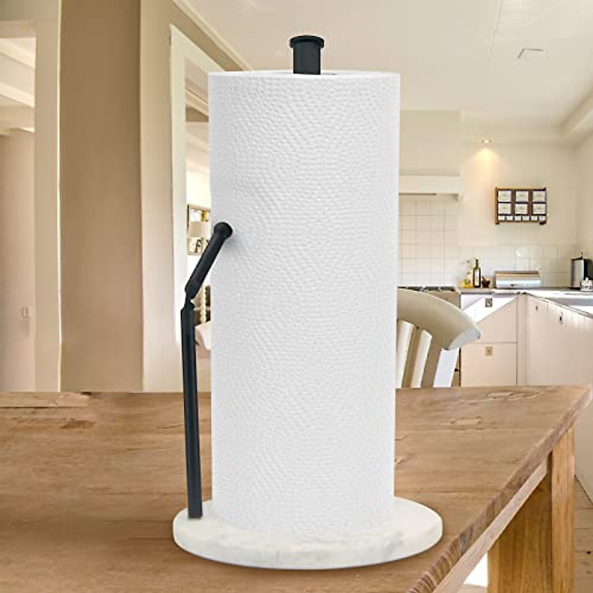 Marble Weighted Paper Towel Holder,Freestanding Black Paper Towel Roll Holder with Tension Arm-for Kitchen Bathroom Countertop,Standard or Jumbo-Sized Roll Holder