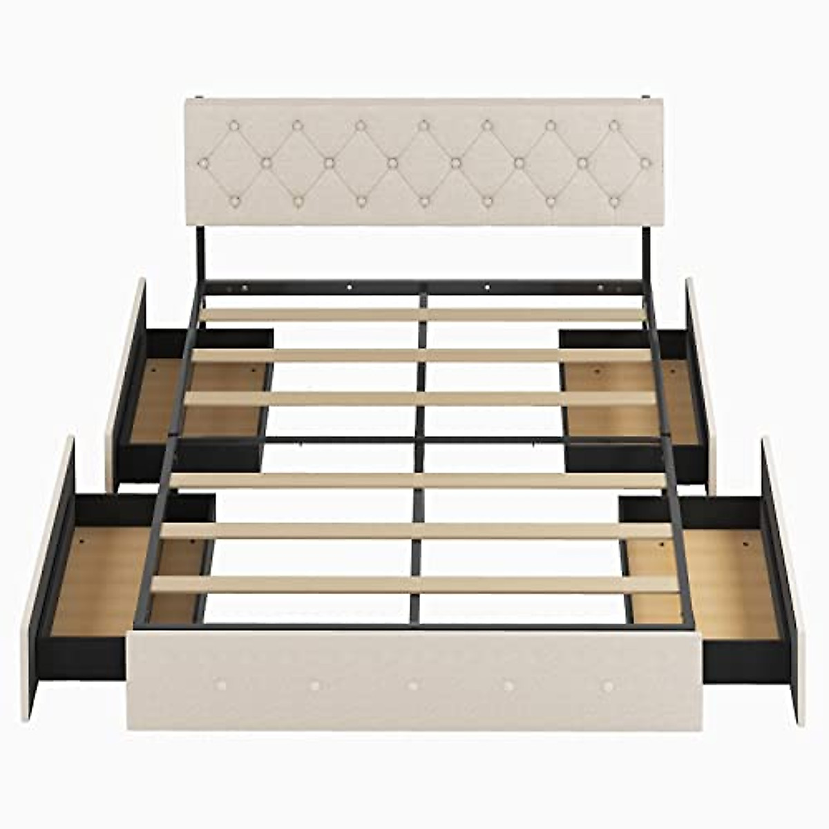 Mixoy Bed Frame with 4 Storage Drawers and Headboard,Cal King Size Upholstered Bed Frame with Curved Button Tufted,Rhombic Stitched,No Box Spring Needed/Easy Assembly/No Mattress(Cal King,Beige)