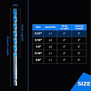 toolant 5/32" Concrete Drill Bit Set & Masonry Drill Bit Set, Shockproof Hex Shank Hammer Drill Bit Set for Glass/Brick/Plastic/Cement/Tile, Industrial Strength Carbide Drill Bit Tip 1/4" Box of 10