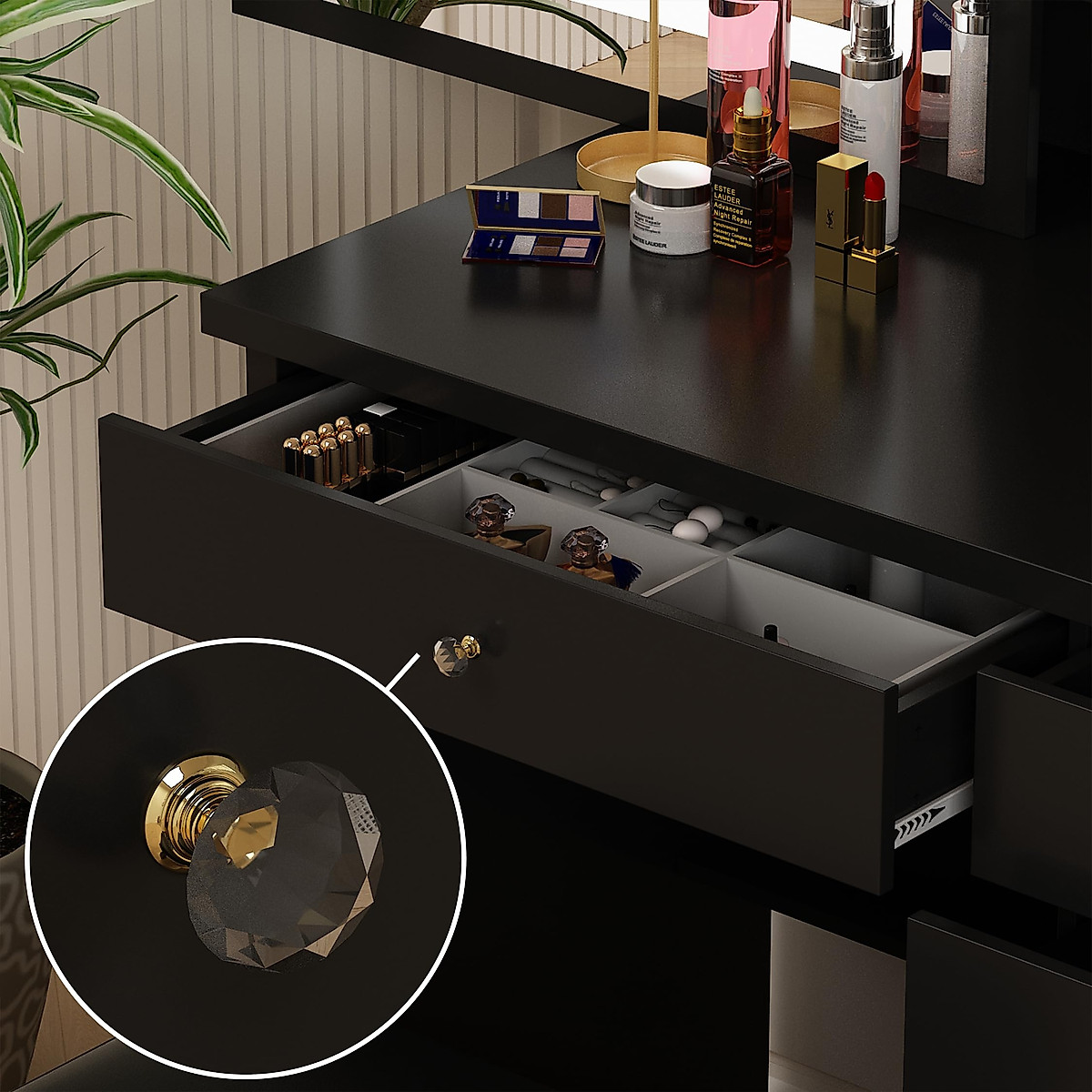 Hitow Vanity Desk Set with Sliding Lighted Mirror, Makeup Vanity with Drawer & Shelf, Dressing Table with Cushion Stool & Hidden Storage for Bedroom, Black